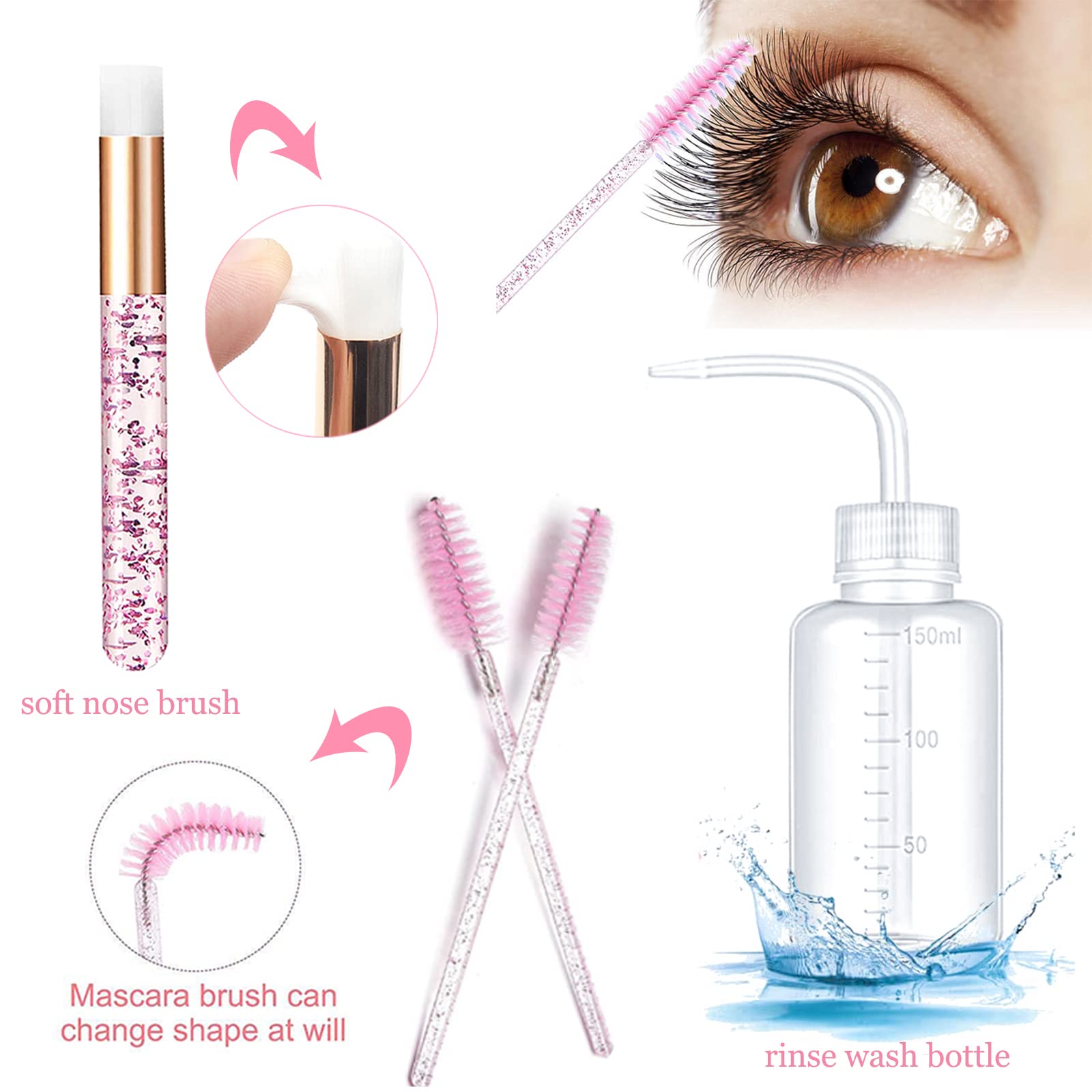 AREMOD 50ml Eyelash Extension Cleanser, Lash Shampoo for Lash Extensions 50pcs Eyelash Brush Cleaning Brush Makeup Remover Pad and Rinse Bottle for Lash Cleaning for Salon Home Use(Pink)