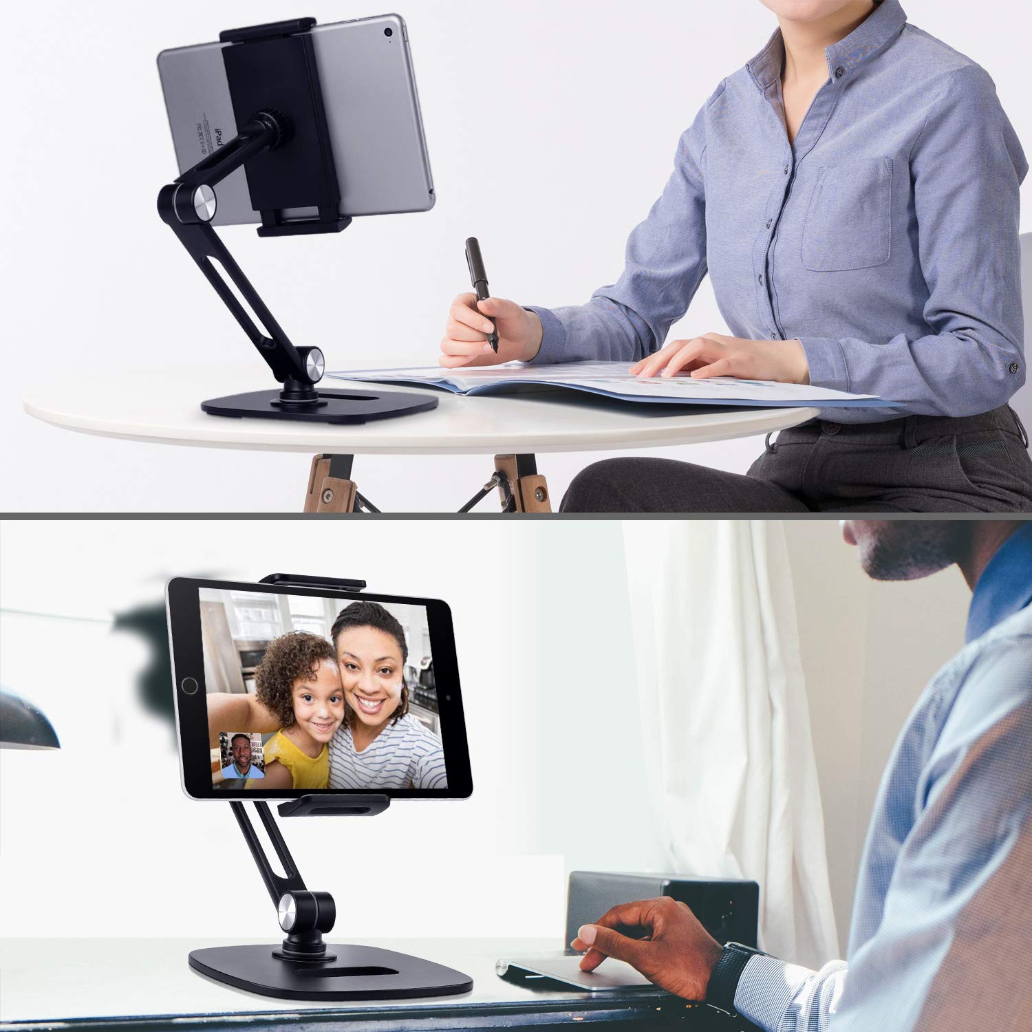 B-Land Adjustable Tablet Stand, Desktop Tablet Holder Stand Foldable Phone Stand with 360° Swivel Phone Clamp Mount Holder, Compatible with 4-13" Tablets/Phones,Nintendo Switch, Kindle (Solid Black)