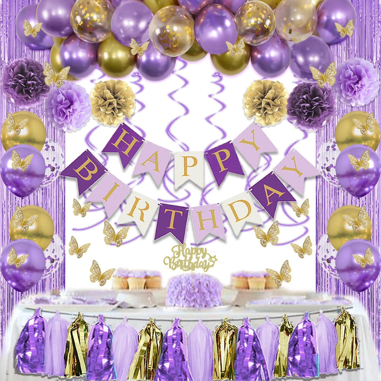 GoExquis Purple Violet Gold Birthday Decorations for Women Girls Butterfly Decor Cake Topper Hanging Swirls Foil Curtain Tassel Garlands Paper Pom Poms Happy Birthday Banner Balloons