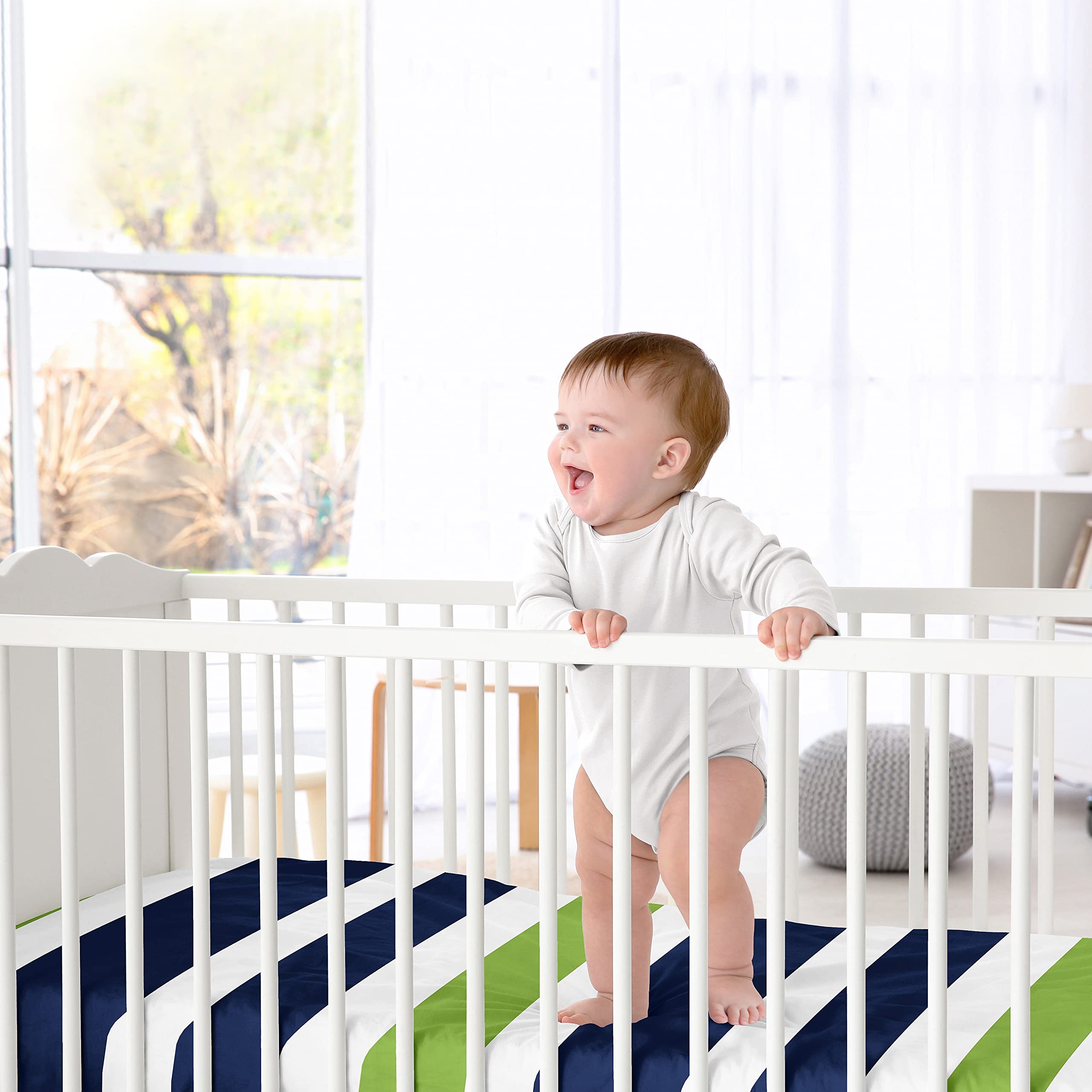 Fitted Crib Sheet for Navy Blue and Lime Green Baby/Toddler Bedding Set Collection - Stripe Print