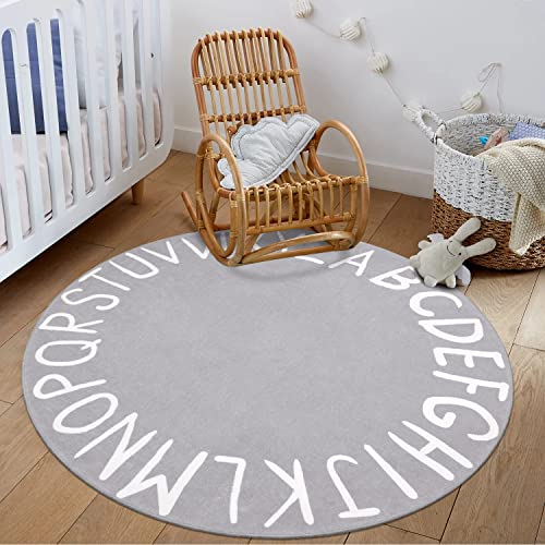 LIVEBOX Round ABC Kids Rug for Boy and Girl,Circle Washable Area Rug Non-Slip Crawling Play Mat for Playroom,Alphabet Nursery Area Rug Circular Learning Carpet for Bedroom (47",Grey)