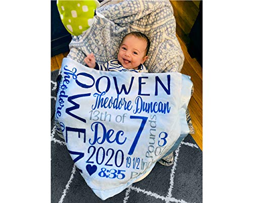 Kids-Pillowcases-By-Stockingfactory Personalized Baby Blankets for Boys (30x40, Blue Micro Plush Fleece Satin Edge Trim) Custom with Baby's Name for Newborn Baby Christening Baptism
