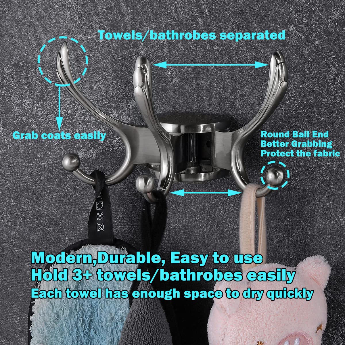 Ovlist Swivel Coat Hook 2 Pack Heavy Duty Space Saving Towel Rope Hook Wall Mount Triple Swing Arms for RV Bathroom Kitchen Garage,Brushed Nickel