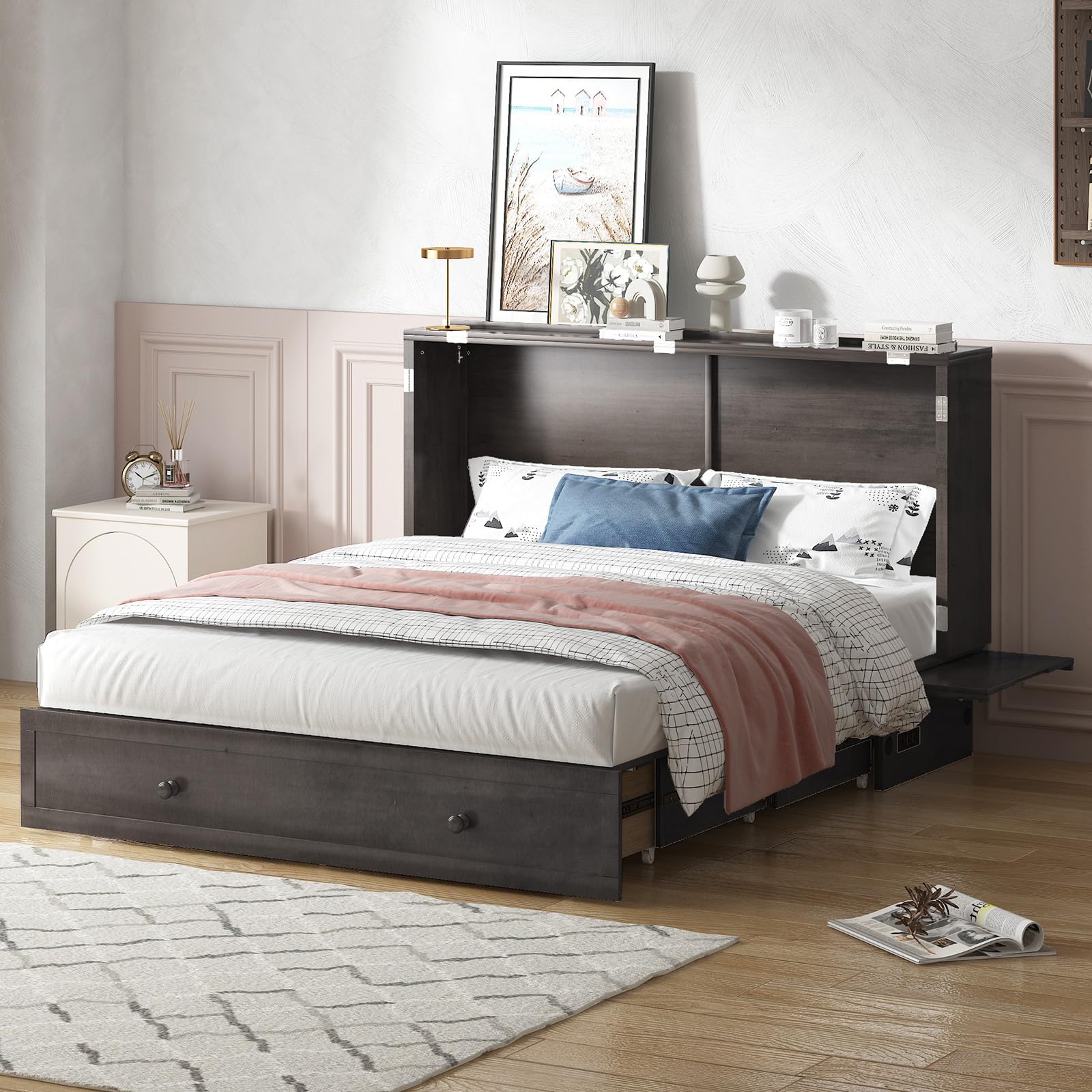 BALUS Murphy Bed, USB Charging Station, Furniture Murphy Cube Cabinet Bed, Queen Size Memory Foam Mattress in a Foldable Cabinet, Storage Drawer-Grey