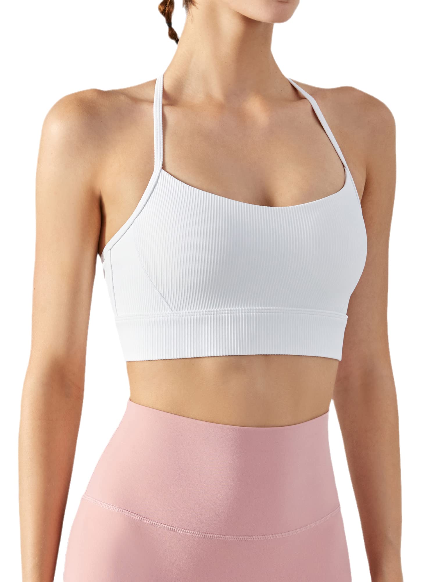 Abonlen Sports Bras for Women Ribbed Padded T Racerback Bras Yoga Workout Crop Tank Top (as1, Alpha, l, Regular, Regular, White, Large)