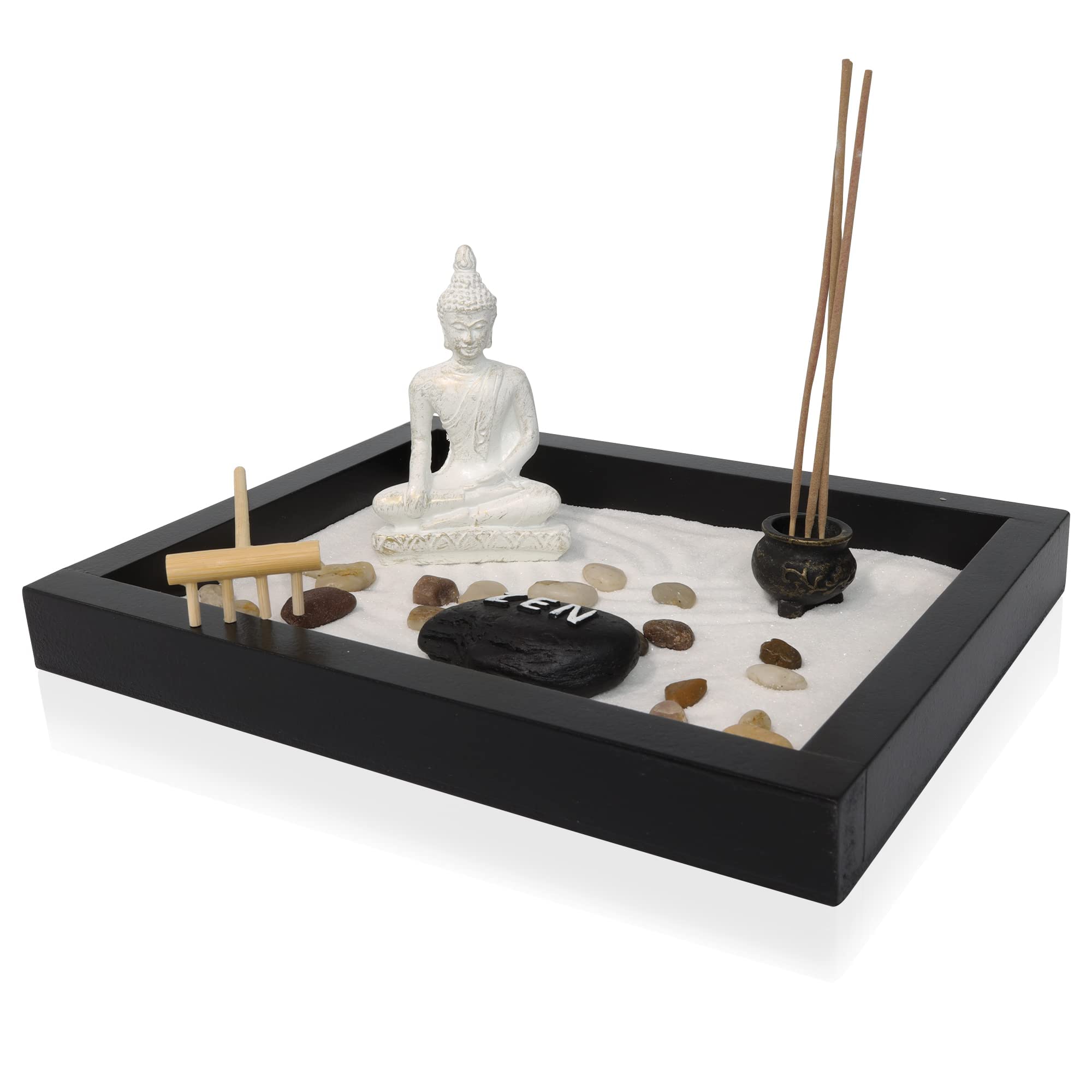 Japanese Mini Zen Garden Sand Box Kit with Incense Holder and White Miniature Buddha Statue - Zen Decor for Relaxation and Meditation - Home Decor, Office Accessory, Gift Set