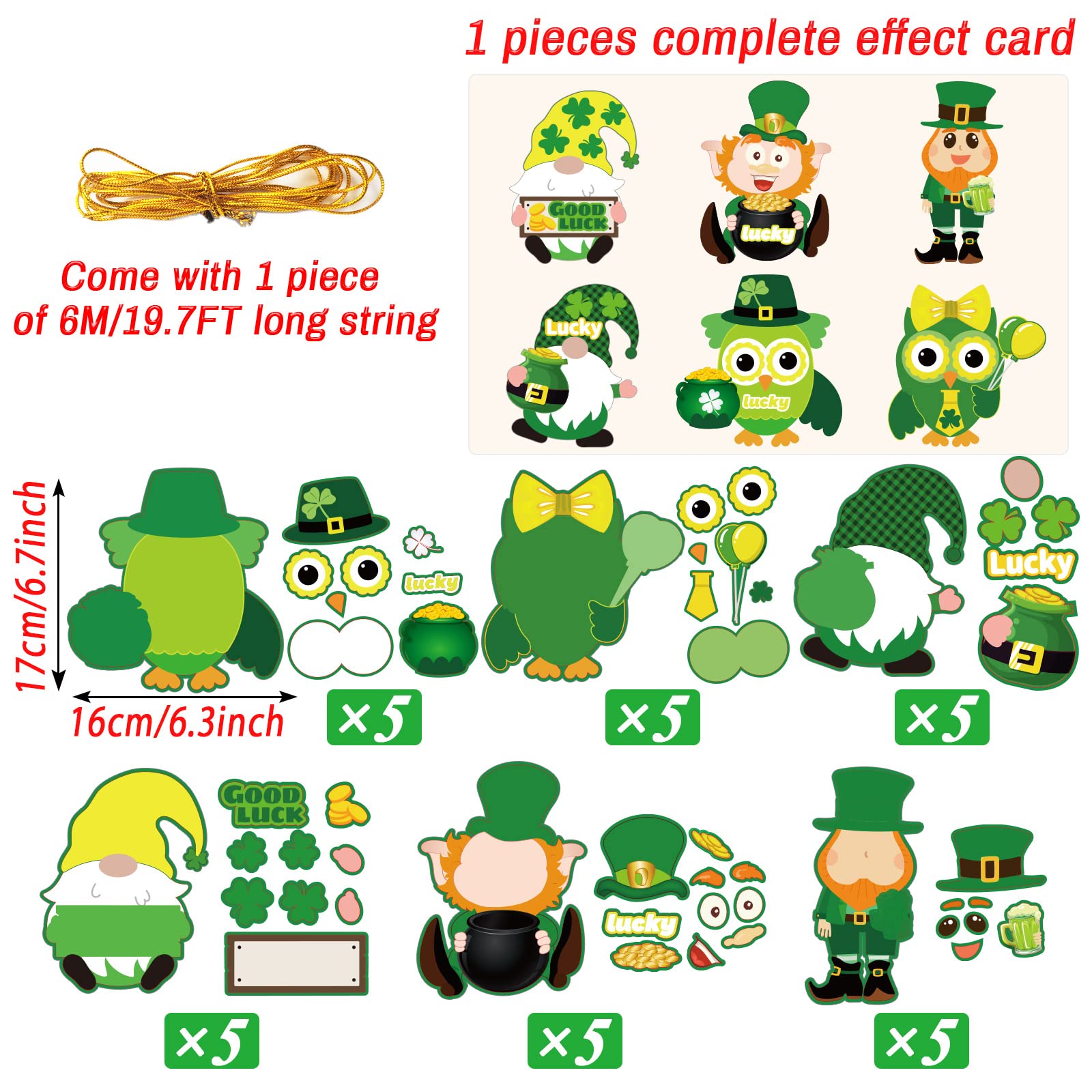 chiazllta 30 PCS St. Patricks Day Craft Kits for Kids DIY Leprechauns Shamrock Owl Gnome Sticker Craft Ornament St. Patricks Art Craft for Party Home Class School Game Activities