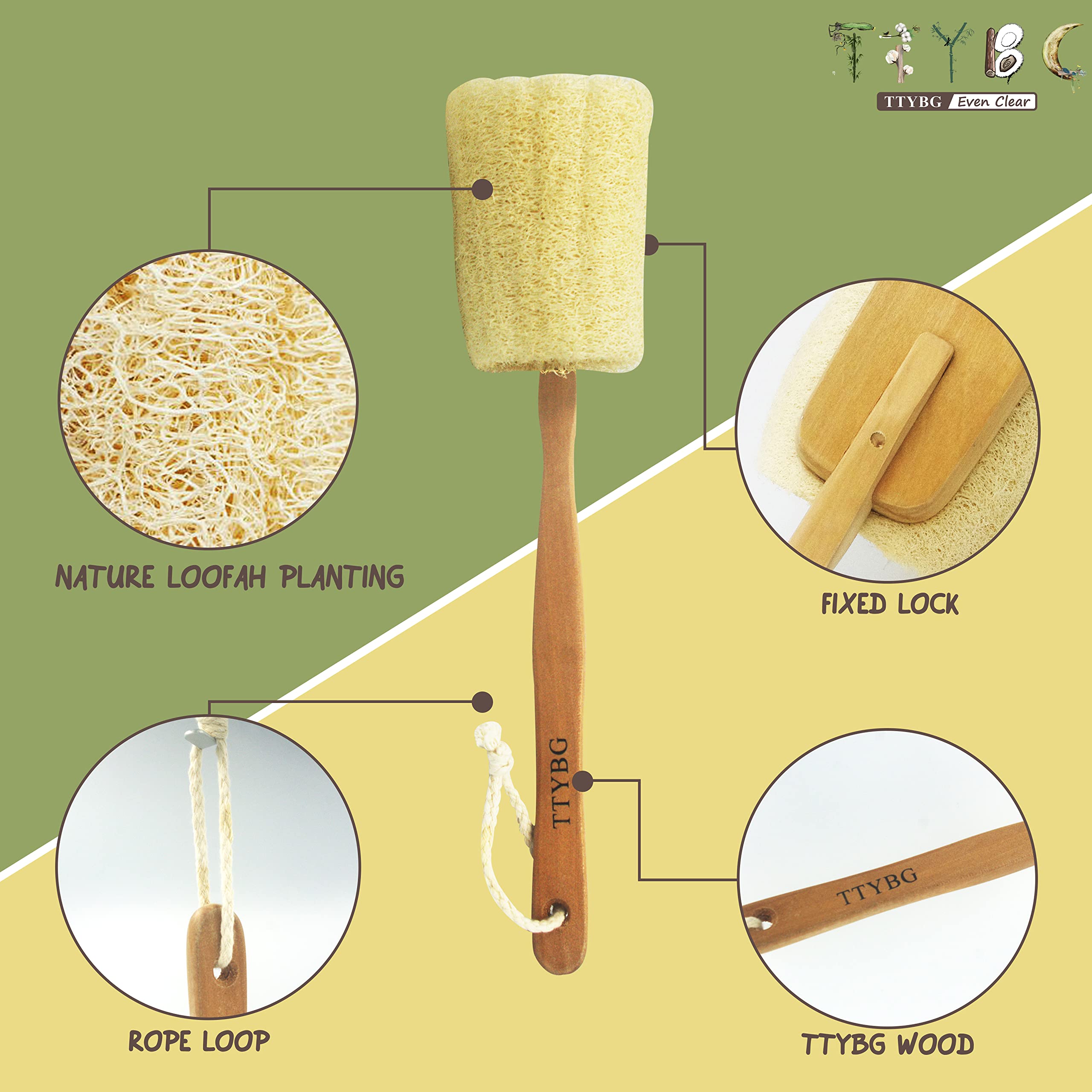 Natural Exfoliating Loofah Luffa Loofa Back Sponge Scrubber Brush with Long Wooden Handle Stick Holder Body Shower Bath Spa Pack of 2