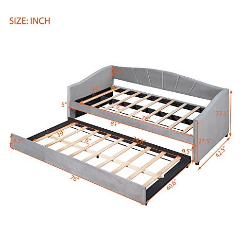 BIADNBZ Twin Size Daybed with Trundle and Wood Slats Support, Upholstered Sofa Bed for Bedroom GuestRoom Living Room, Gray