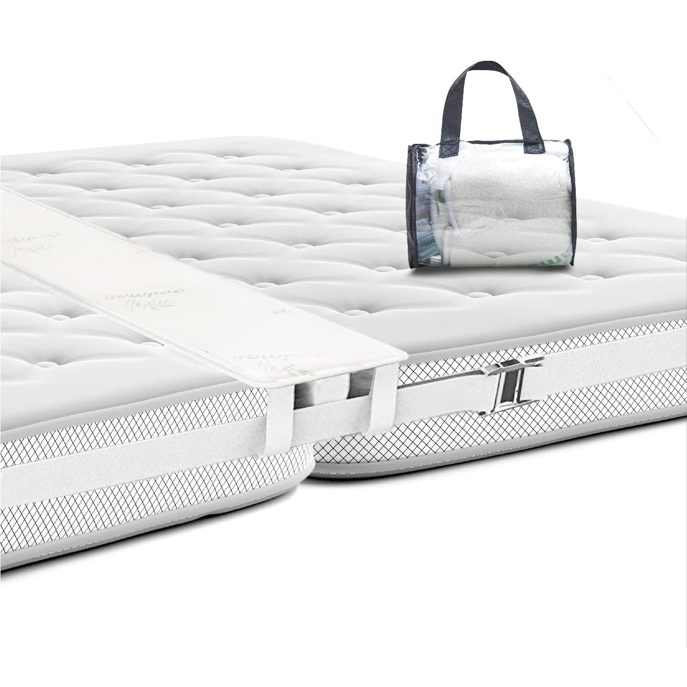 BALIBETOV Twin to King Bed Converter Mattress Bridge, Adjustable Connector Gap Filler Kit, Soft Memory Foam Topper with Bedding Strap, Full, Queen, XL Compatible