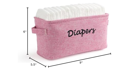 Dejaroo - Baskets for Organizing Diapers and Newborn Essentials, Baby Diaper Caddy Organizer, Embroidered Baby Shower Gifts for Moms, Linen Basket with Handle, 12 x 6 x 6 Inches, Pink