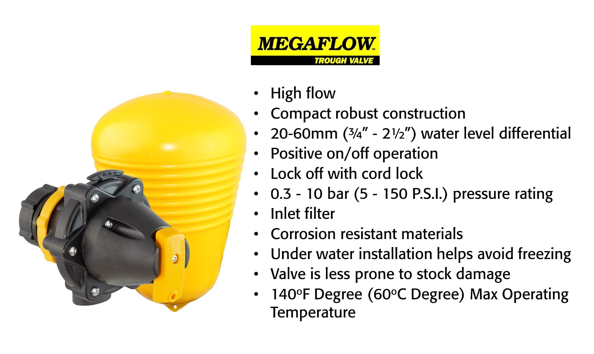 Jobe Valves J-MFV0100DLT Megaflow Trough Valve, 200L/Min, 150PSI, 1" NPT Inlet, Detach Long Tail