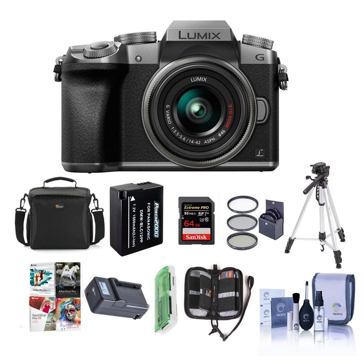 Panasonic LUMIX DMC-G7 Mirrorless Micro Four Thirds Camera with 14-42mm Lens, Silver - Bundle with Camera Case, 64GB SDXC U3 Card, Spare Battery, Tripod, 46mm Filter Kit, Software Package, and More