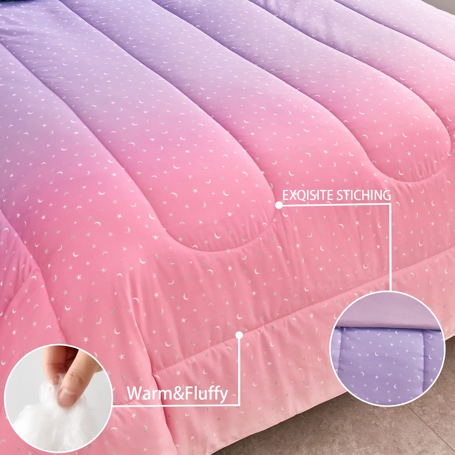 Yogeneg Rainbow Comforter Set Twin Size for Teen Girl &Boys Women,Metallic Star Moon Printed Mermaid Comforter with Pillowcase, Microfiber 2 Piece Bedding Set,All Season (Rainbow B, Twin)