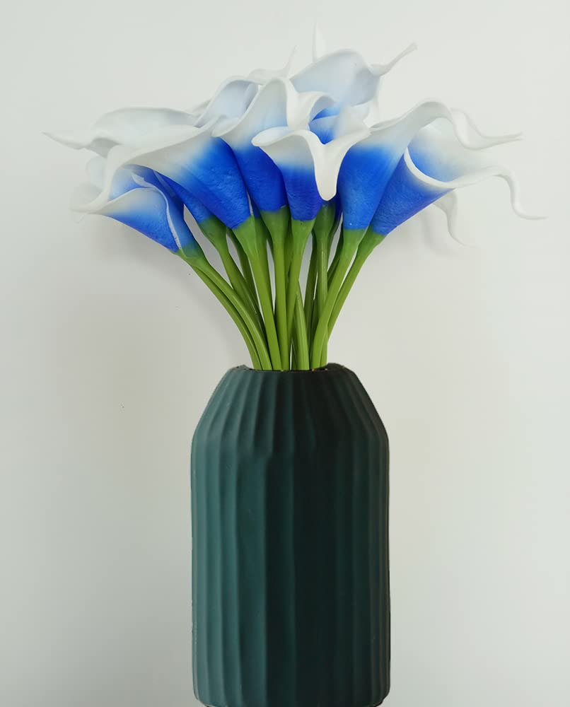 Etycoo 20pcs Calla Lily Lataex Real Touch Flower Bouquet for Wedding Garden Dining Table Center Home Party Photography Decor (White Blue Core)