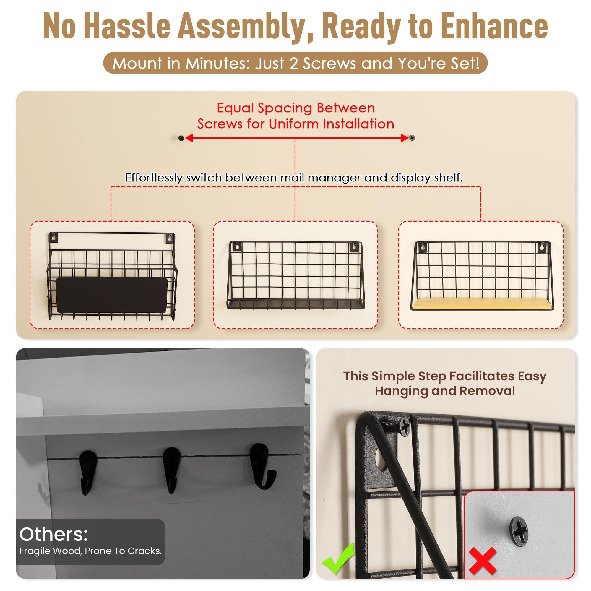 Baeymonkay Easy Installation Key Holder Wall Mount, Mail Organizer Mail Holder for Wall with 5 Hooks, Iron Key Hooks for Entryway Decor, Key Hanger, Key Rack, Matte Black(Single Mail)