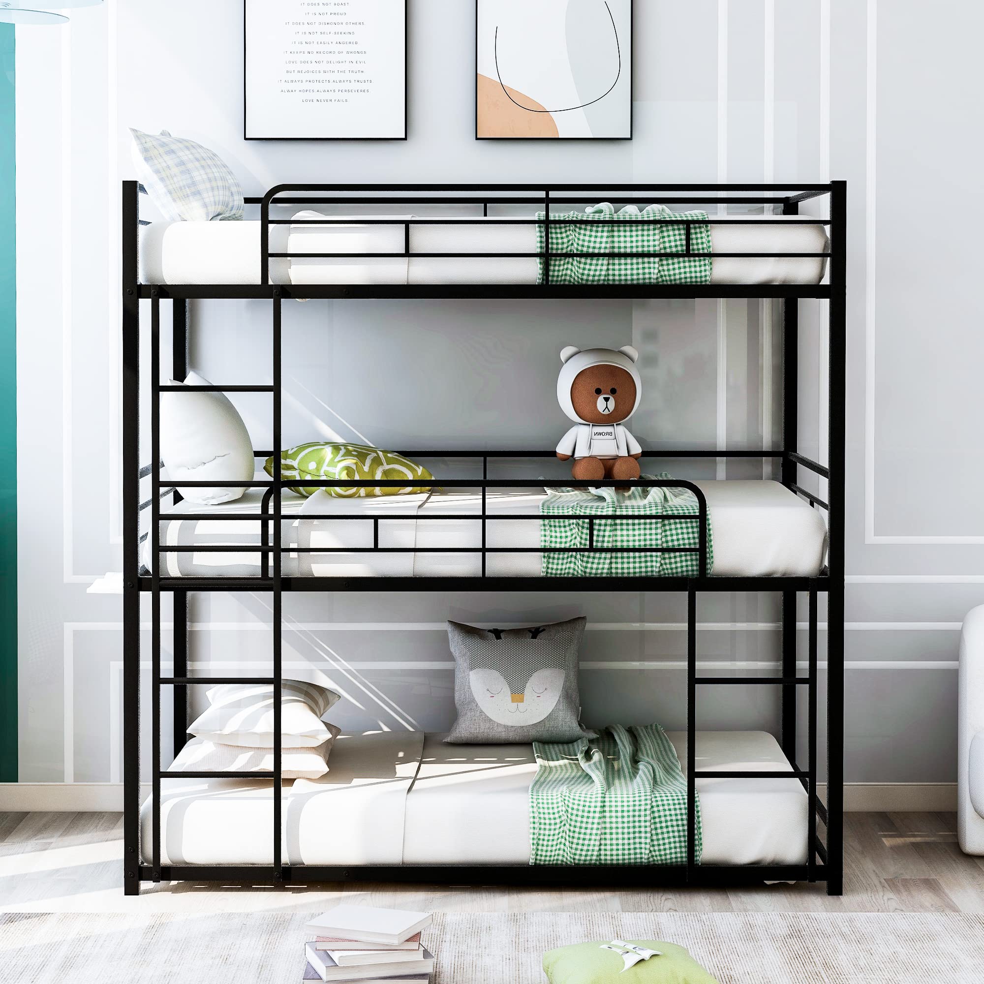 Majnesvon Metal Twin Size Triple Bunk Bed, Twin-Over-Twin-Over-Twin Triple Bed Frame Can be Split into 3 Bed with Built-in Ladder and Guardrails for Teens, Boys, Girls (Black)
