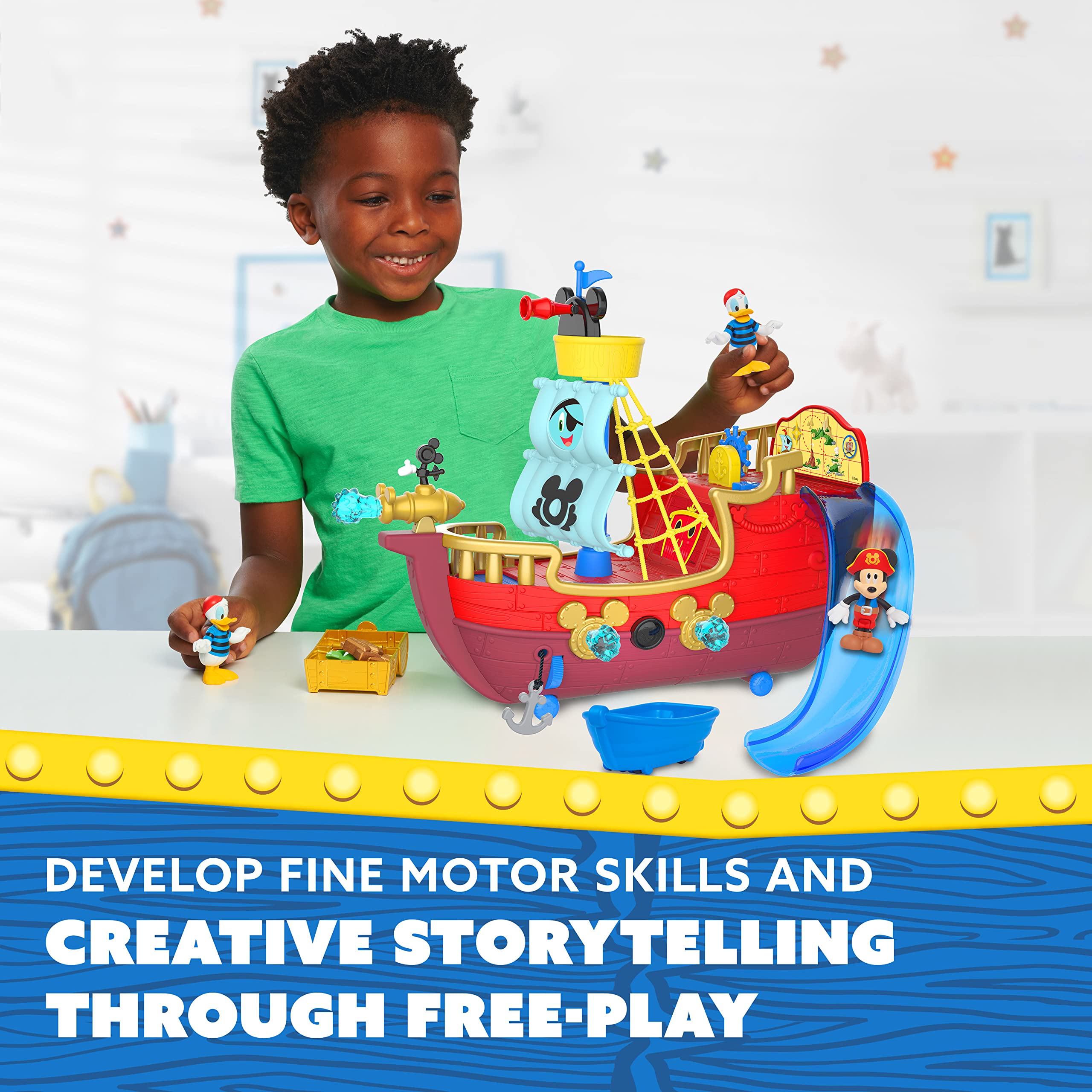 Disney Junior Mickey Mouse Funhouse Treasure Adventure Pirate Ship with Bonus Figures, 18-Piece Toy Figures and Playset, Kids Toys for Ages 3 Up, Amazon Exclusive by Just Play