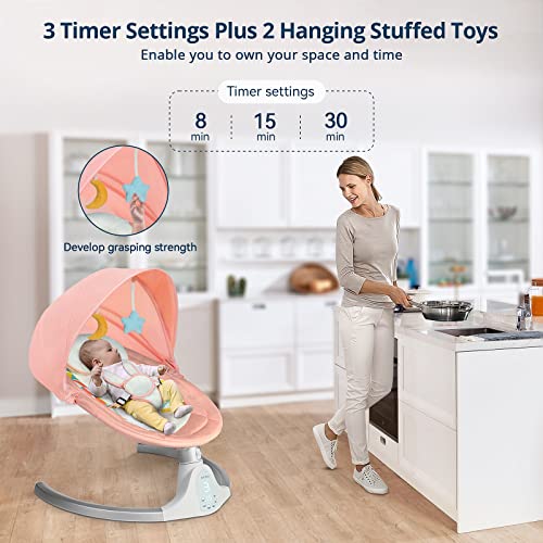 Bioby Baby Swing for Infants,The Five-Point Seat Belt,Bluetooth Touch Screen/Remote Control Baby Bouncer with Music Speaker,Motorized Portable Swing with 5 Swing Speeds(Pink)