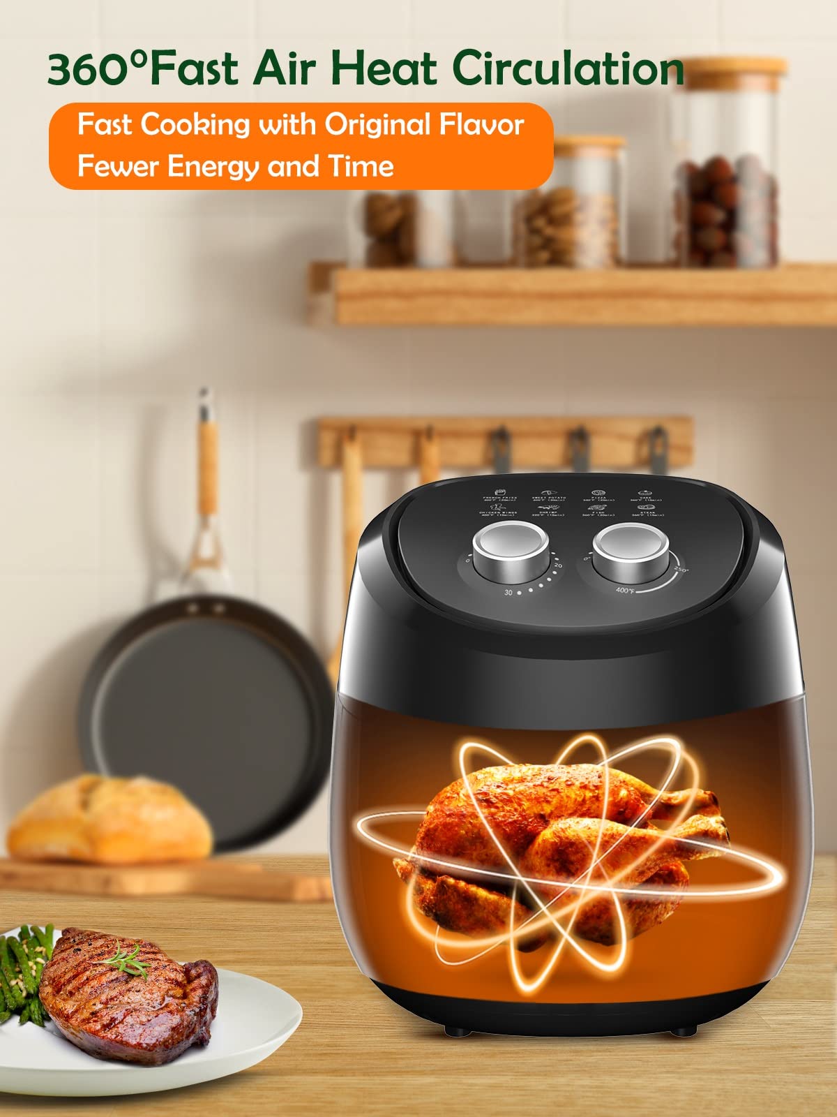 Air Fryer 8 Preset Menus 4.5 QT Airfryer Easy to Use with Adjustable Temperature Control with 8 Cooking References Nonstick Tray Auto Shutoff 1400W Hot Air Fryer Black