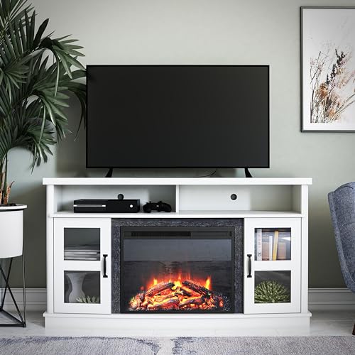 Ameriwood Home Barrow Creek Fireplace Console with Glass Doors, TVs up to 60", White