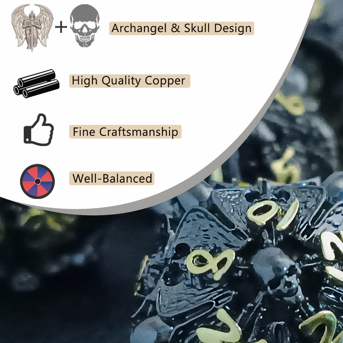 AllInDOOR Skull DND Dice Hollow Metal D&D Polyhedral Role Playing Game Dice 7pcs TRPG Accessories (Black Gold Numbers, Easy to Read)