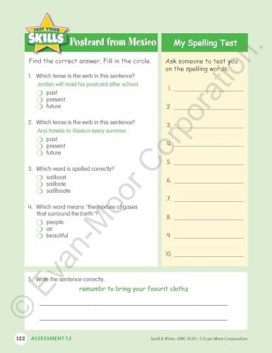 Evan-Moor Skill Sharpeners Spell and Write Workbook, Grade 3, 120 Spelling Words, Test Prep, Word Families, Short Vowels, Grammar, Punctuation, Creative Writing, Vocabulary, Activities, Homeschool
