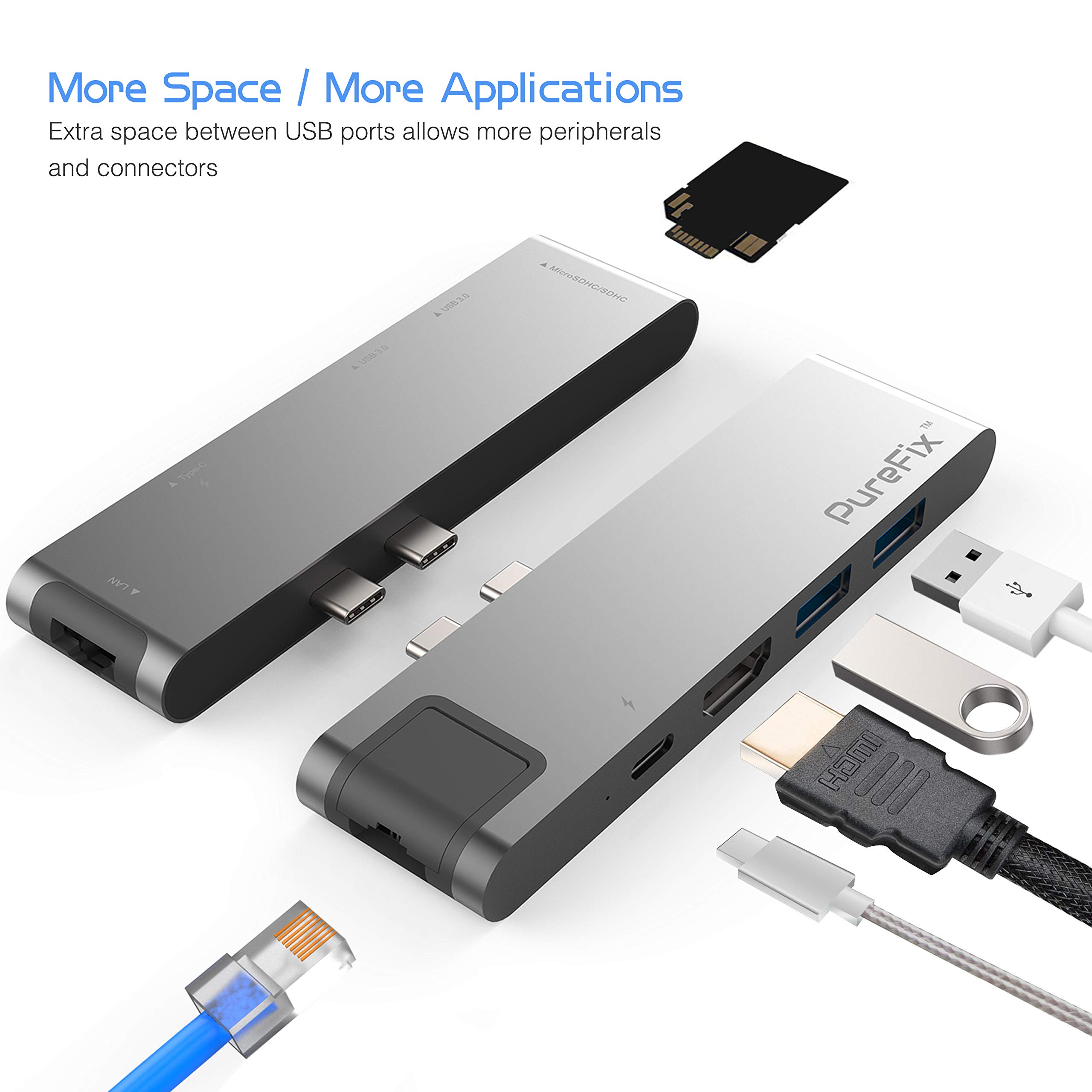 PureFix USB C Hub Adapter, 7-in-2 Extension with Gigabit Ethernet, 4K HDMI, Type- C 100W PD & 40Gbps, 2 USB-A 3.0, SD & MicroSD/TF Card Reader for 2016-2020 MacBook Pro 13' 15' 16' & 2020 MacBook Air