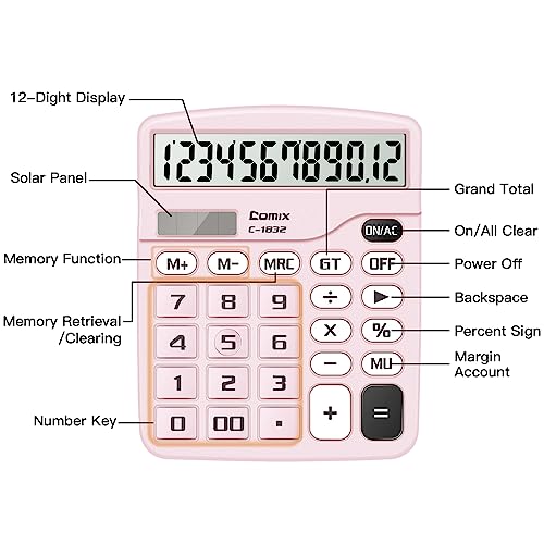 Comix Desktop Calculator 12 Digit with Large LCD Display and Big Button, 12 Digits Baisc Calculator, Solar Battery Dual Powered, for Office Home School C-1832(Pink)
