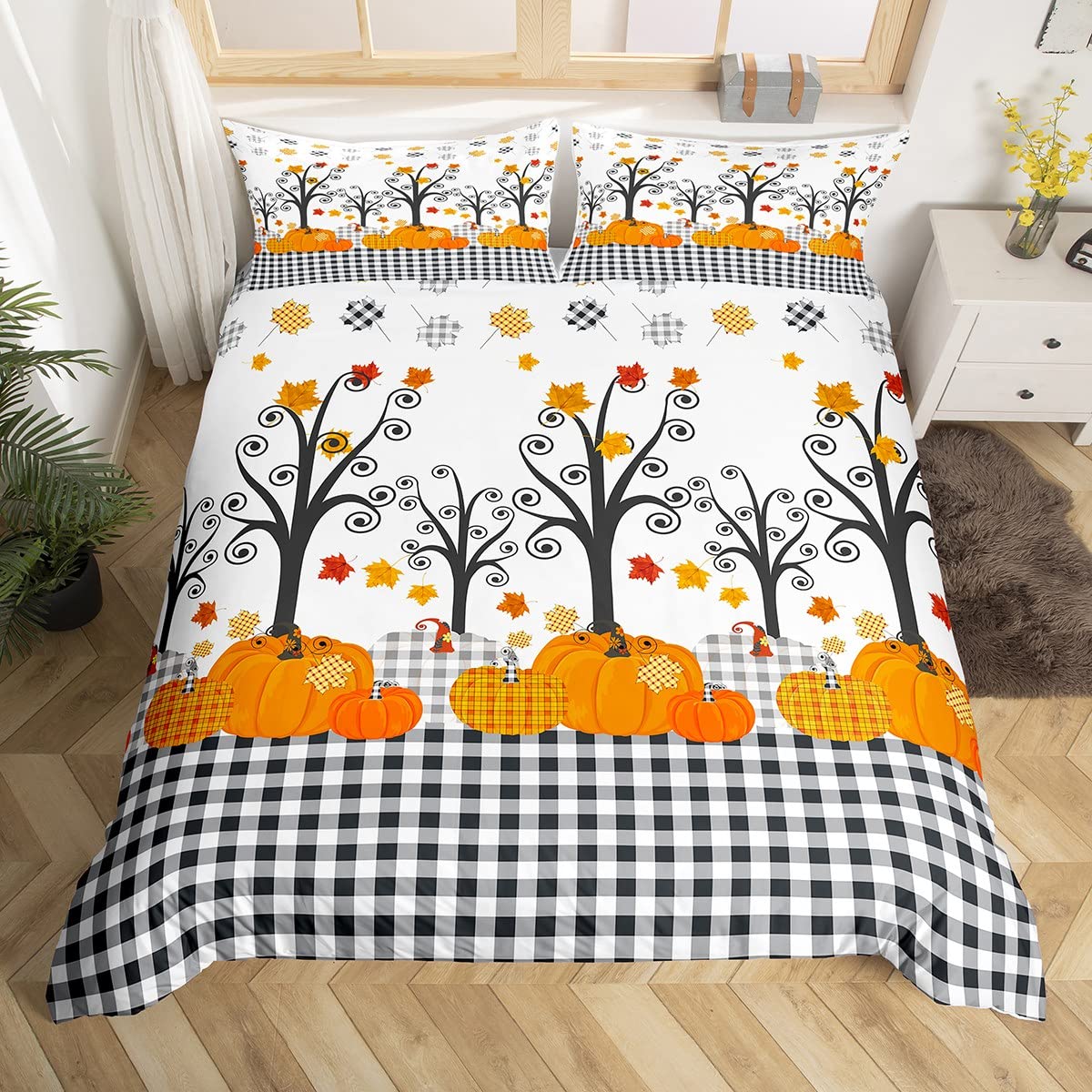 Fall Pumpkin Harvest Duvet Cover Set Queen Size,Kids Adults Bedroom/Country Cottage Decor,Black White Plaid Bedding,Maple Autumn Leaves Comforter Cover,Rustic Bright Quilt Cover,3pcs,2 Pillowcases