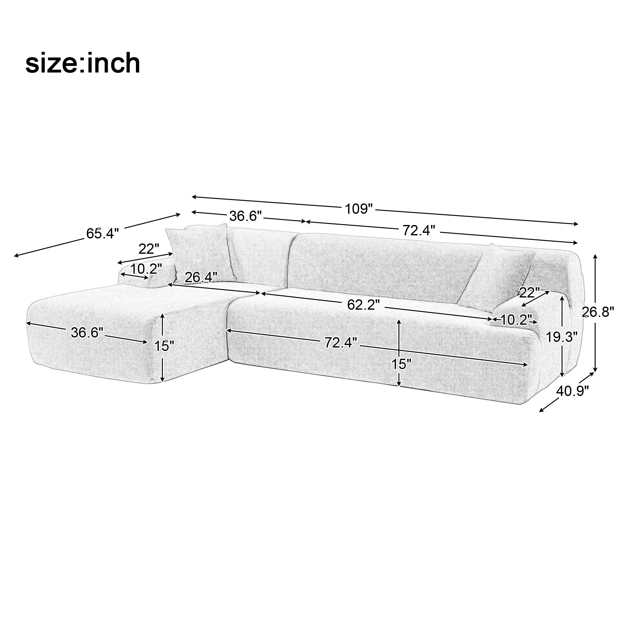 BAMOOLI 109'' Modular Sectional Couch, Modern L-Shape Floor Sofa with Chaise Lounge, Comfy Chenille Fabric Sponge Sofa Couch, Upholstered Corner Cloud Couch for Living Room, Bedroom, Apartment, Grey