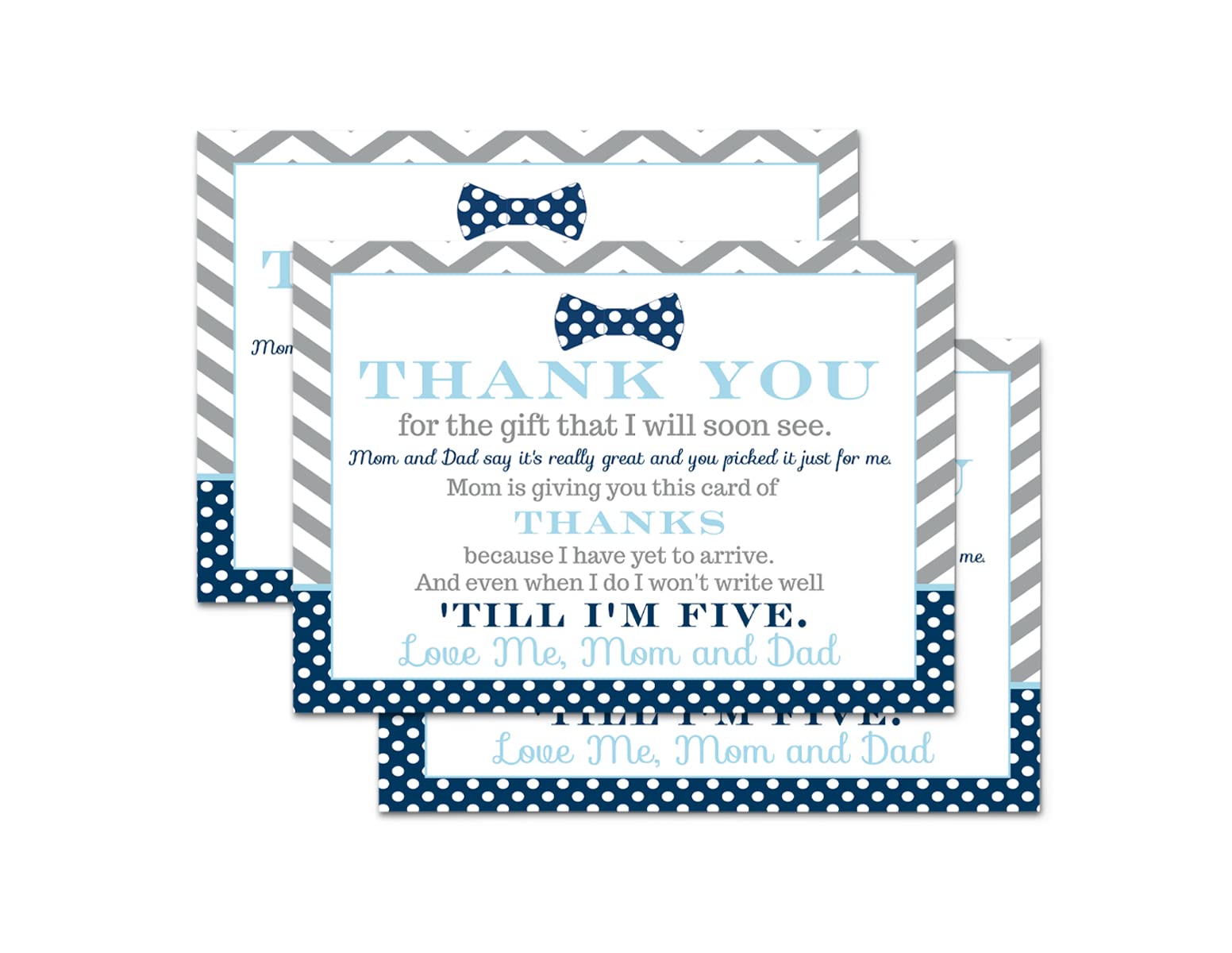 Paper Clever Party Bow Tie Baby Shower Thank You Postcards (15 Pack) Boys Notecards Only - Eco-friendly – Postal Note with Message from Newborn - Navy and Grey – Printed Size 4x6