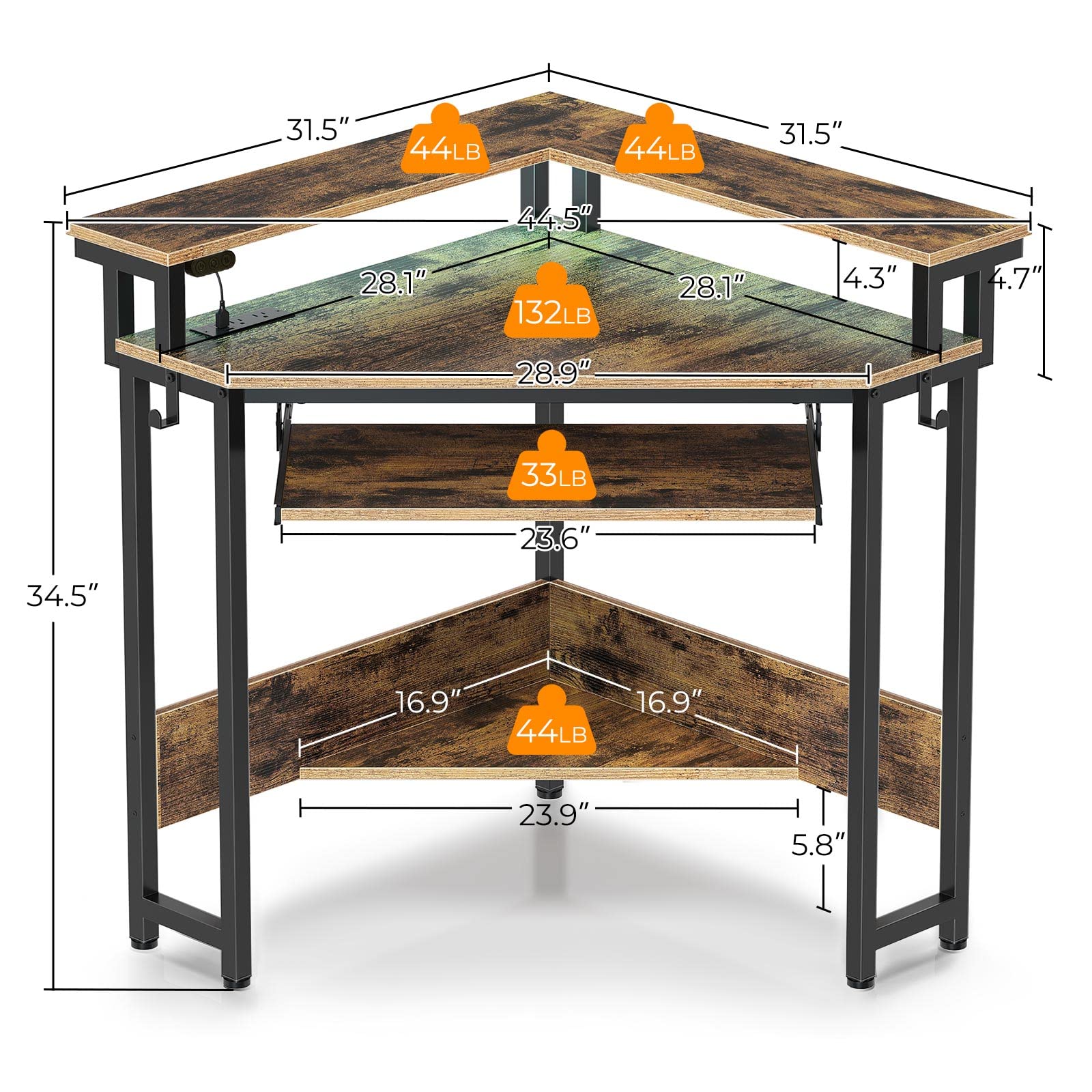 Rolanstar Corner Desk, 44.5" W x 34.5" H Small Computer Desk with Power Outlets, Gaming Desk with LED Lights, Triangle Corner Desk with Keyboard Tray & Monitor Stand for Small Space, Rustic Brown