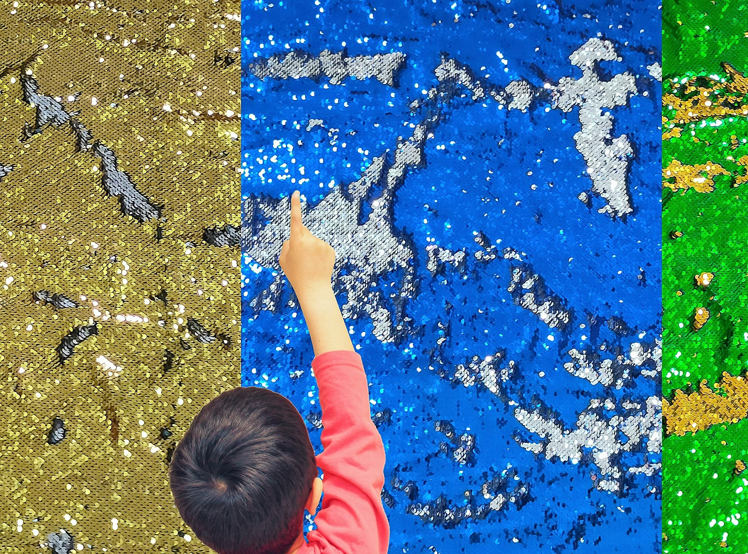Sensory Wall Sequin Flip Fabric for Kids,0.2" Large Sequins Sensory Graffiti Fabric for Toddlers,Tactile Stimulation,Reversible Glitter Fabric (1 yd, Sapphire Blue + Silver)