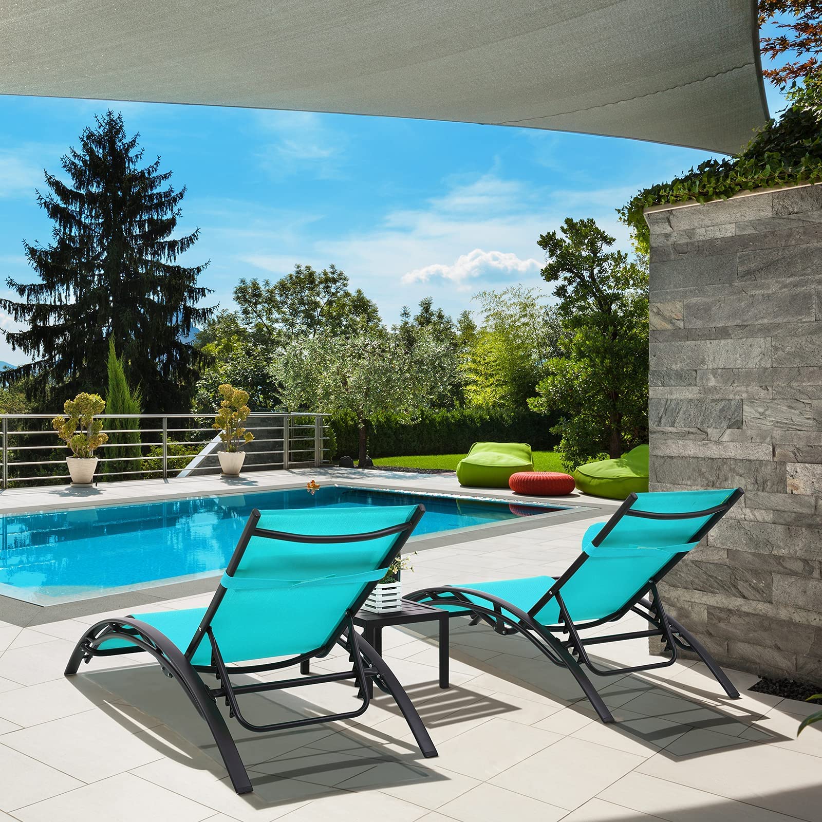 AthLike 3 pcs Poolchairs Patio Chaise Lounge Set with Headrest, 5-Level Adjustable Sunbathing Tanning Poolside Recliner Chairs with Side Table for Outdoor Beach (Blue, 2 Chairs and 1 Table)