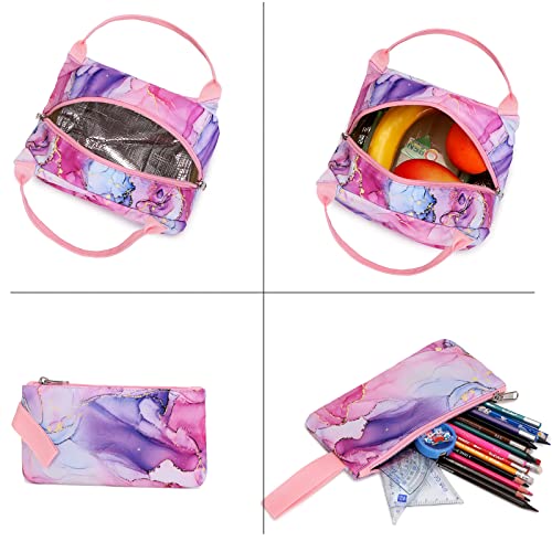 Biesena.h Backpack For Girls School Backpack Set With Lunch Box Kids Book Bag Toddler Backpack Waterproof Travel Bag (Red-Marble)