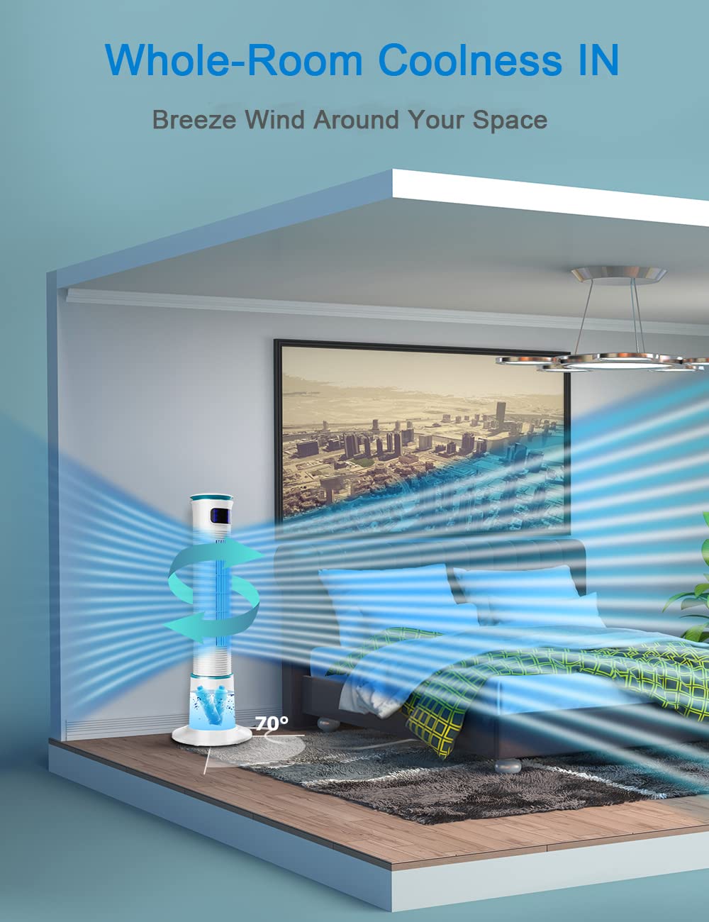 Evaporative Cooler - BREEZEWELL 2 IN 1 Portable Air Cooler, 70°Oscillating Evaporative Cooling Fan, Remote Control w/4 Modes & 3 Speeds, 15H Quiet Timer, Air Conditioner Portable for Room Office, 43IN