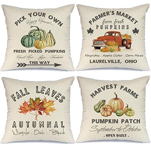 AENEY Fall Pillow Covers 18x18 inch Set of 4 Fall Decorations Orange Truck Pumpkin Throw Pillows for Fall Thanksgiving Farmhouse Decorative Pillows A254