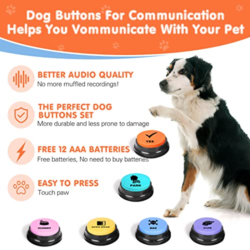 DCIAER Dog Buttons for Communication,Talking Buttons for Dogs,6 Recordable Sound Buttons + 24 Scene Patterns + 1 Dog Button Mat+ 12 AAA Batteries,30 Seconds Dog Buttons for Pet Sound Training Toy