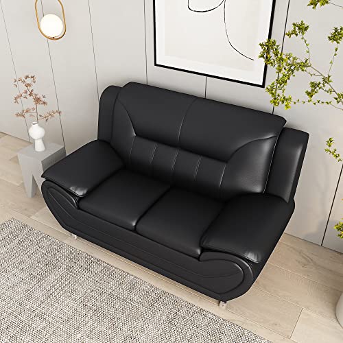 Container Furniture Direct Michael Modern Faux Leather Upholstered Stainless Steel Legs Living Room Loveseat, Black
