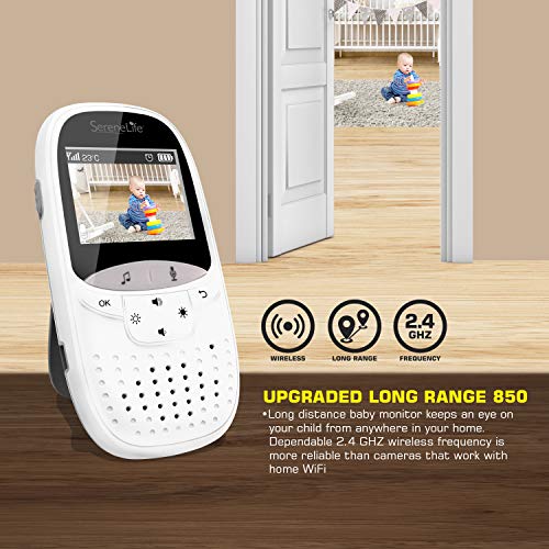 SereneLife Video Baby Monitor Long Range - Upgraded 850’ Wireless Range Camera, Night Vision, Temperature Monitoring and Portable 2” Color Screen - Serenelife SLBCAM11 (Grey)