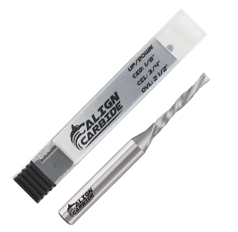 Align Carbide, UP Down (Compression) Router Bit, 1/8 Inch Cutting Diameter, 1/4 Inch Shank, Premium Solid Micro Grain Carbide, Spiral Plunge, 2 Flute, Flat Cutting Face, CNC Router Pro-Series.