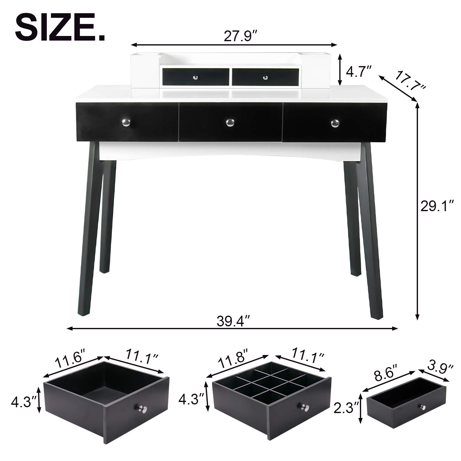 AILEEKISS Computer Desk with 5 Drawers Home Office Writing Desk for Bedroom Student Study Laptop Workstation Modern Simple Makeup Vanity Table for Small Space (Black and White)