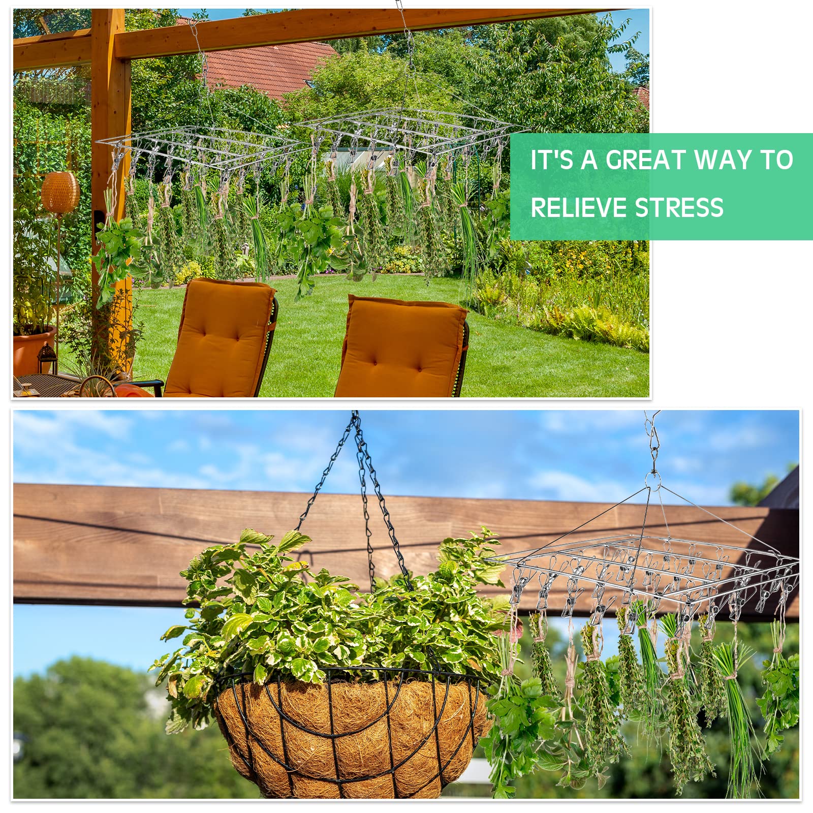 Bokon 4 Pcs Hanging Drying Rack for Herb Macrame Flower Drying Rack with 30 Stainless Clip Herb Dryer Hooks for Drying Herb Air Plants Spices Flowers Hydroponic Plants-Ready to Use with Ceiling Hook