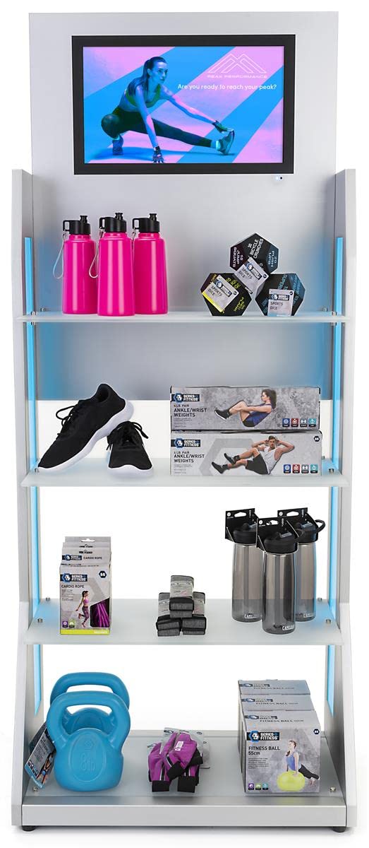 Displays2go LED Gondola with Digital Screen, Built-in Speaker, Four Shelves - Silver (SMFSDDSLED)