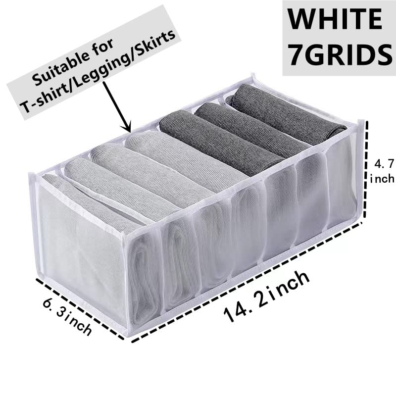 BINGC 2 PCS Washable Wardrobe Clothes Organizer , 7 Grid Drawer Foldable Visible Storage Box Jeans Compartment Divider Boxes for Jean Pants Socks Bras Ties Lingerie Scarves (14.2x6.7x4.7 inch, WHITE)