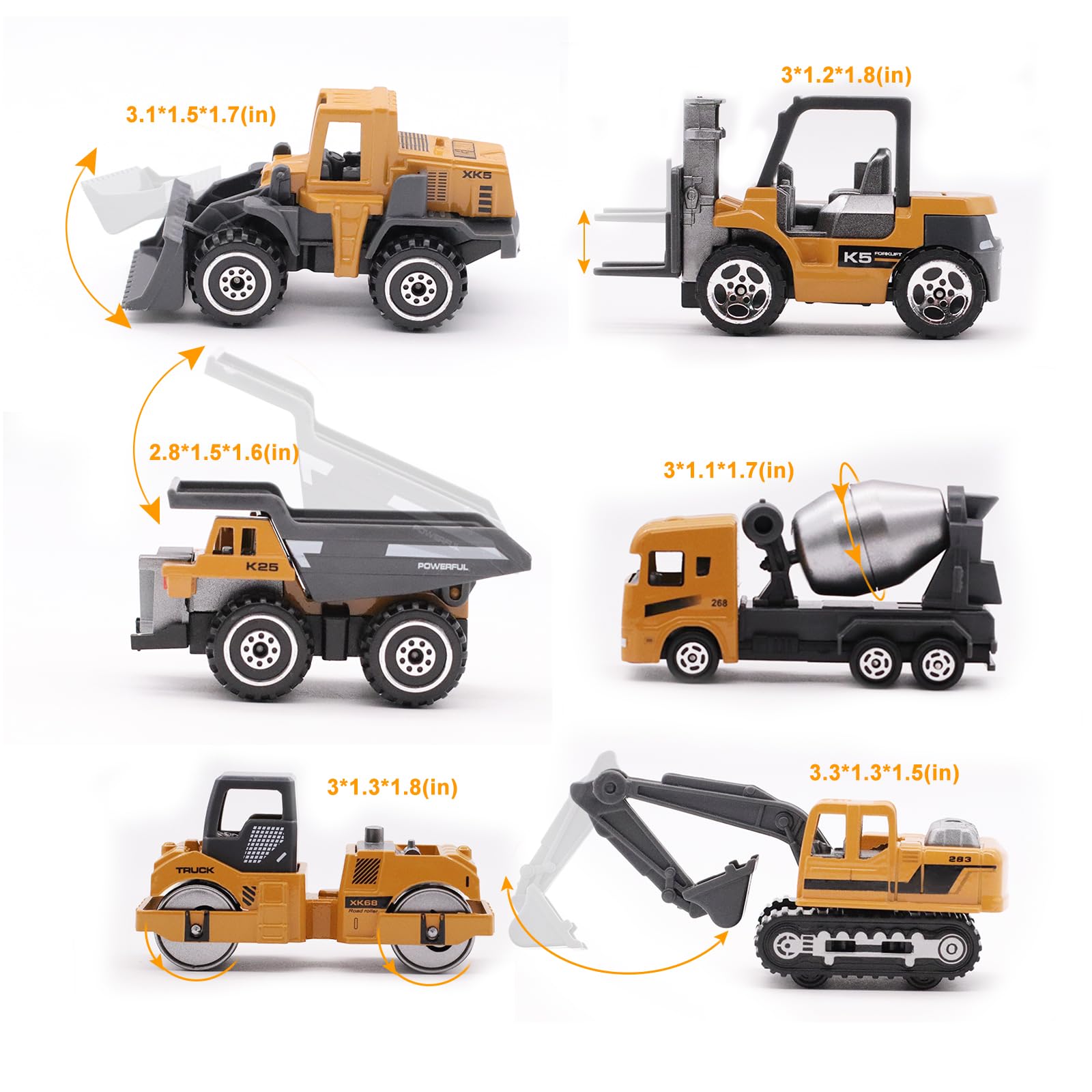 Childom Alloy Construction Engineering Vehicle Toys Set 12 Pack Stacker,Big Forklift,Heavy Duty Roller,Excavator,Heavy Transport Vehicle,Engineering Mixer Set for Kids Boys