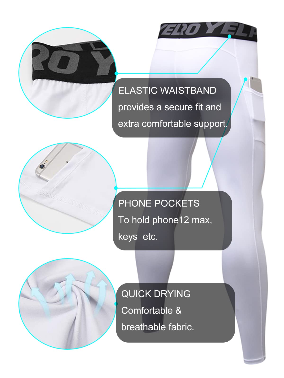 ABTIOYLLZ Men's Compression Pants White Athletic Leggings Pockets Sports Baselayer Basketball Cycling Tights Active Running Pants