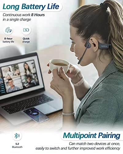 Bone Conduction Headphones with Mic,Bluetooth Headset with Noise-Canceling Boom Microphone, Wireless Headset Waterproof Open Ear Headphones for Trucker Drivers Online Meeting Office Home Business