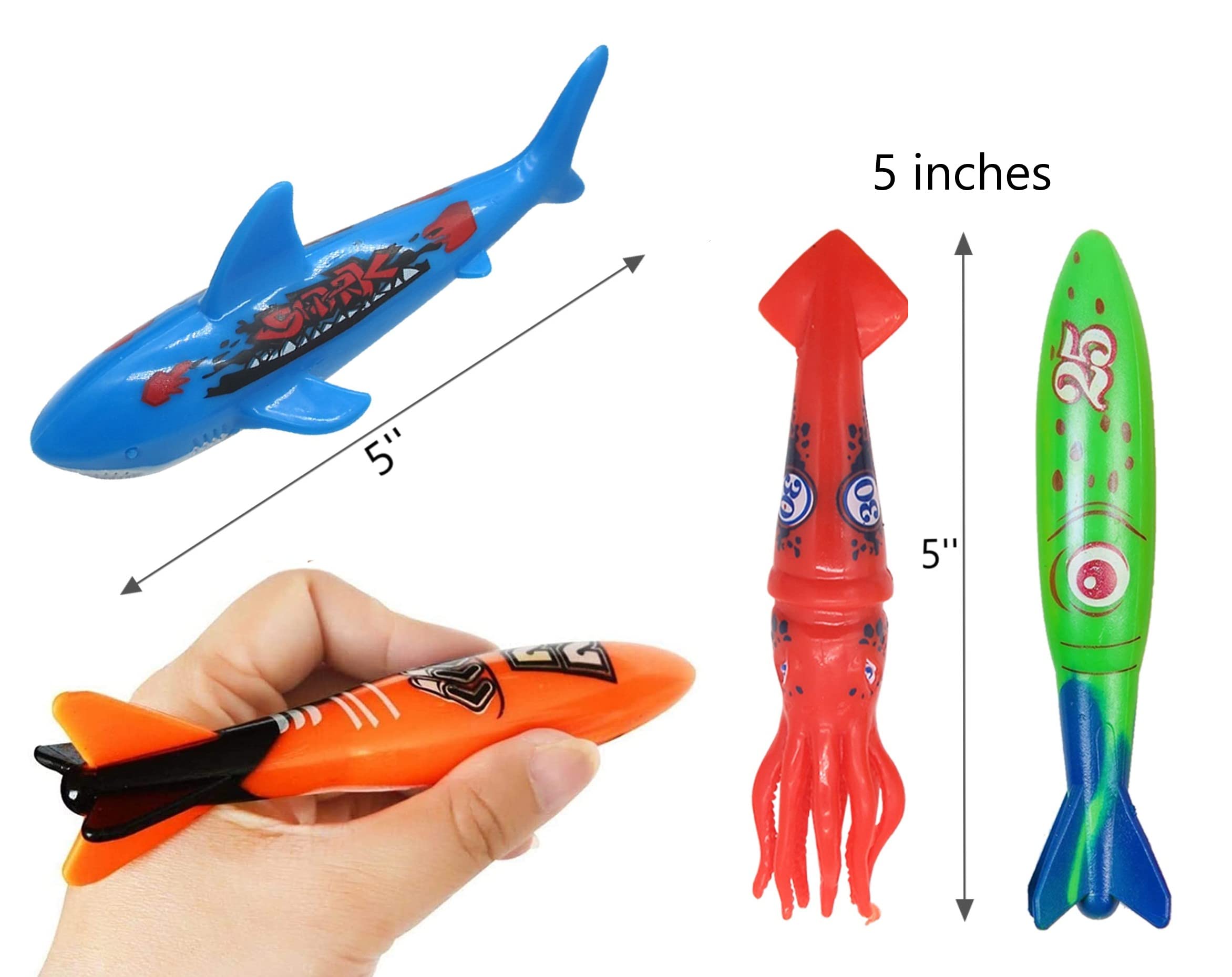 Diving Torpedo Pool Toys: Underwater Sinking Sharks, Squids, and Torpedoes - Kids' Outdoor and Indoor Swimming Activity Toy Set